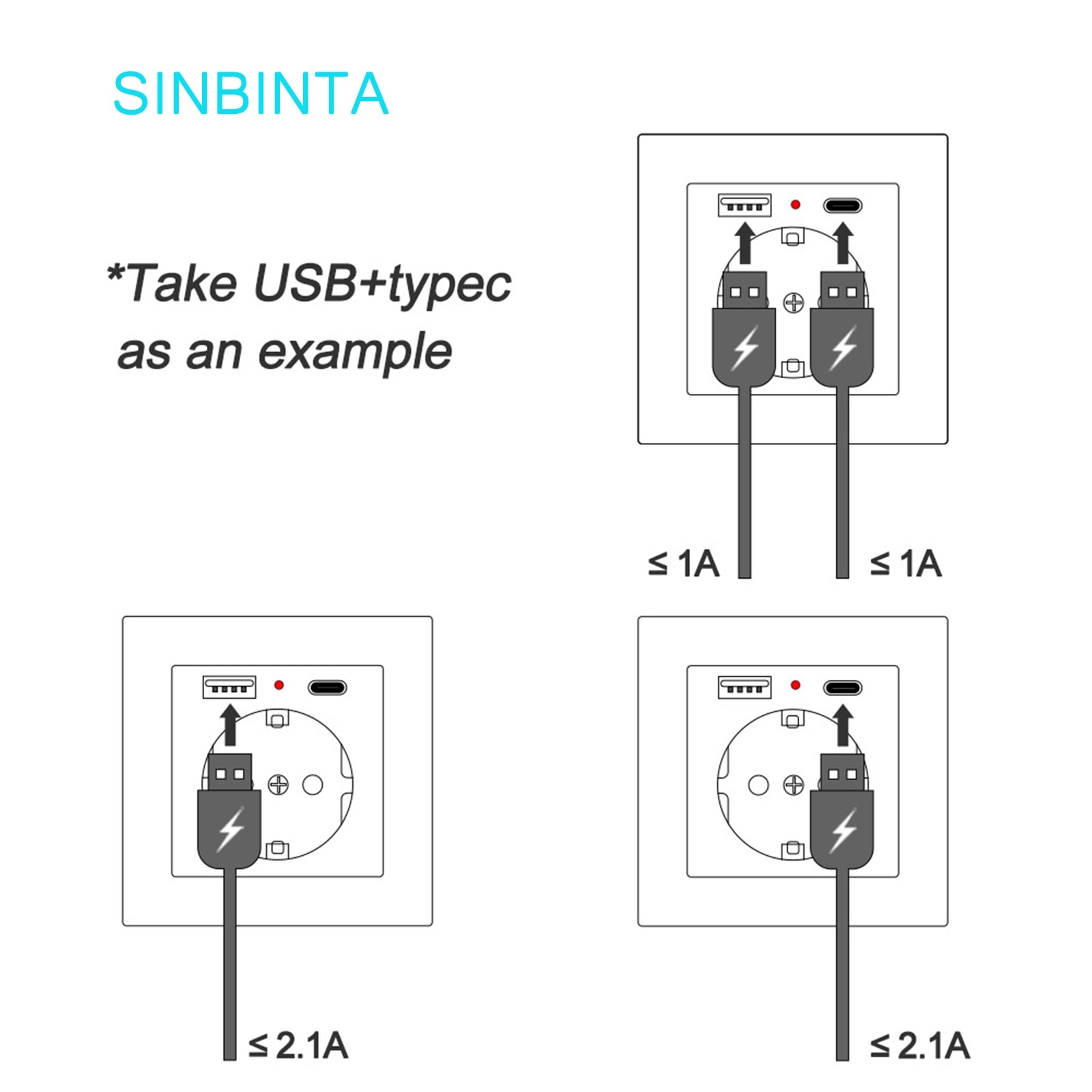 Priza simpla, SINBINTA, 5V 2.1A, 250V, 20W, Curent maxim de sarcina 16A ...