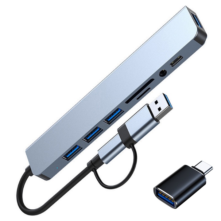 Adaptor Hub Multiport 8 in 1, SINBINTA, cu 1 port USB 3.0, 3 porturi ...