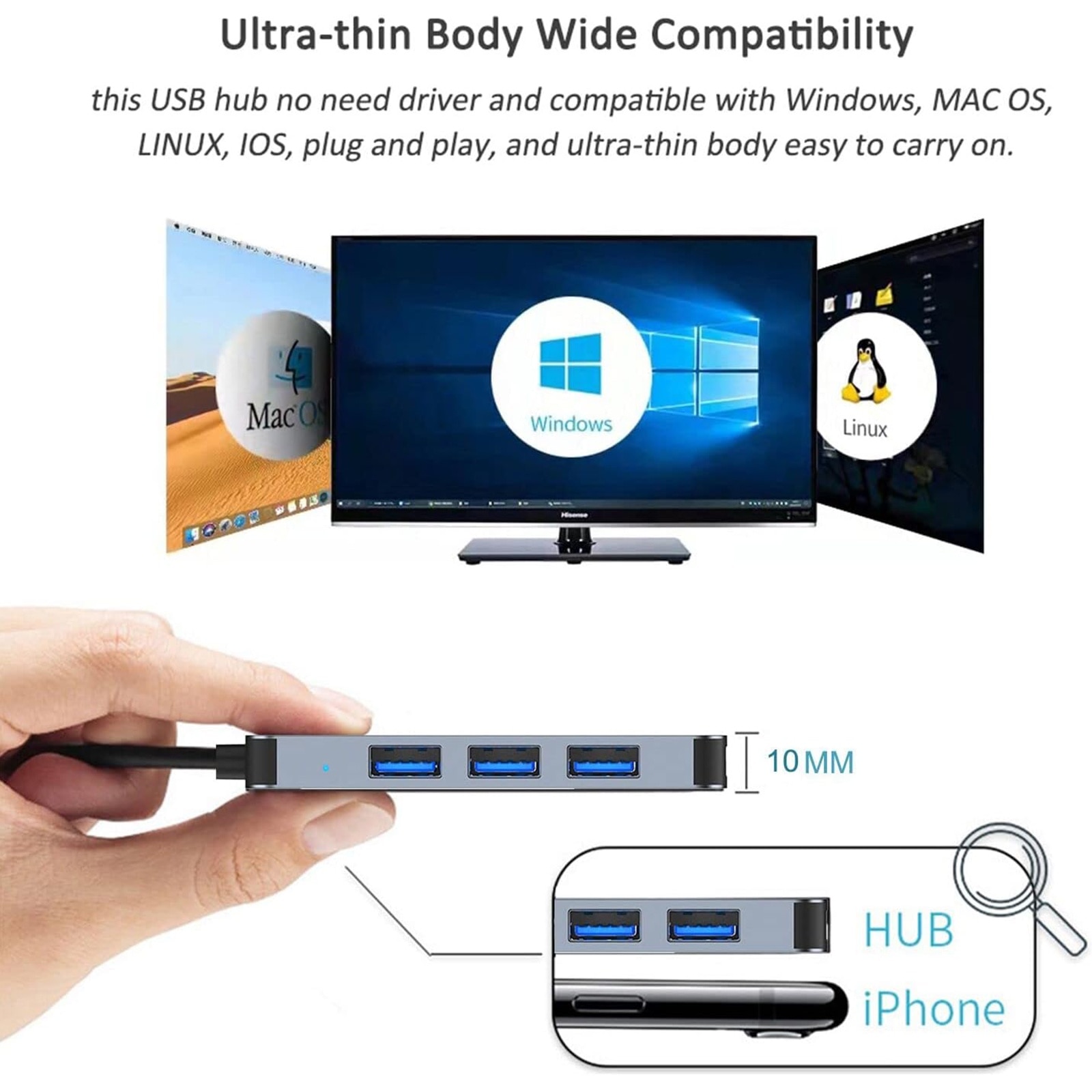Adaptor Hub Multiport 4 in 1, SINBINTA, 3 porturi USB 2.0, 1 porturi ...