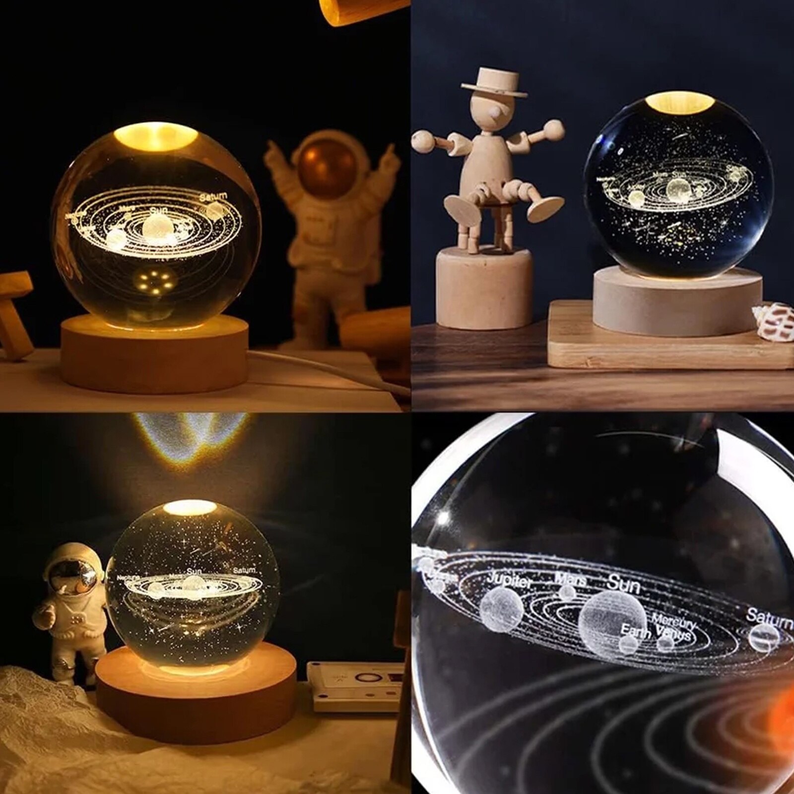 Lampa de veghe, Hggzeg, Model saturn 3D, Alimentare USB, Suport lemn ...