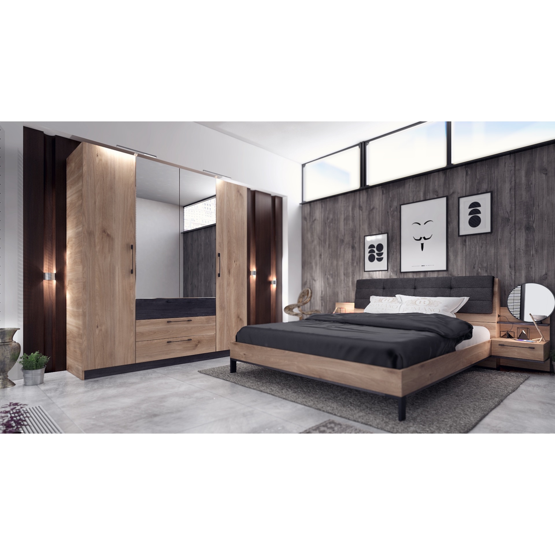 Set dormitor, MBX, Dulap, Pat, 2 noptiere, Stejar honey castello - eMAG.ro