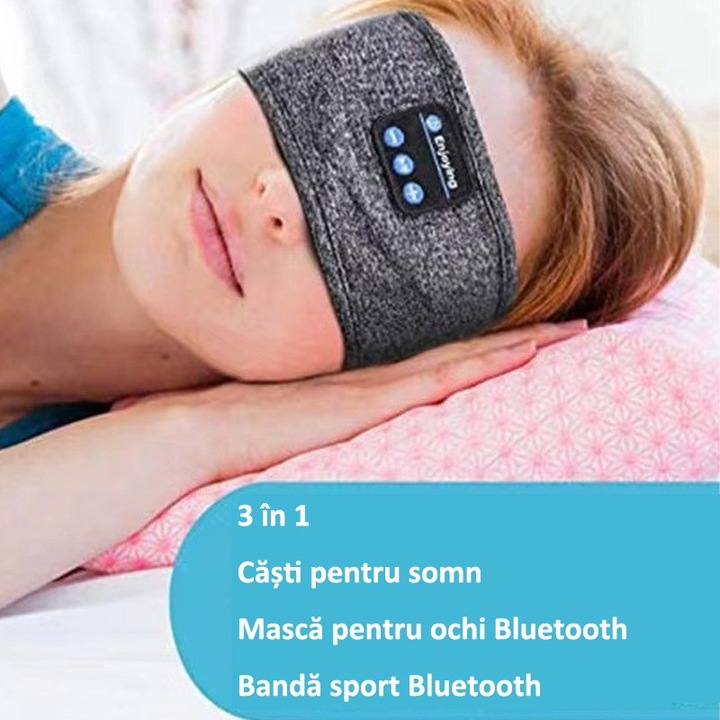 Banda de cap cu casti Bluetooth 5.2 Rqiurpn, pentru somn si sport, gri ...