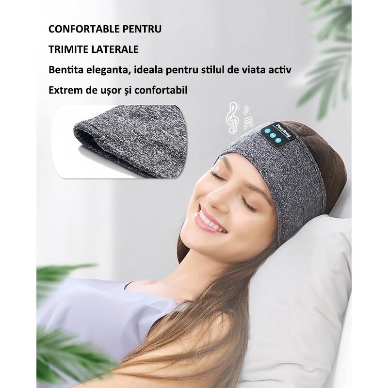 Banda de cap cu casti Bluetooth 5.2 Rqiurpn, pentru somn si sport, gri ...