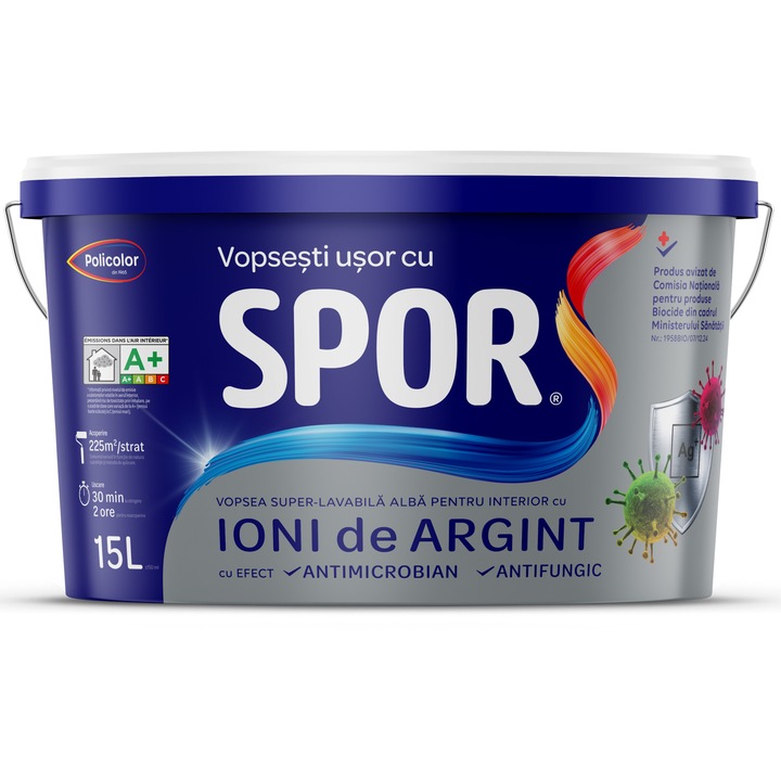 Vopsea super-lavabila SPOR pentru interior cu Ioni de Argint, alba mata ...