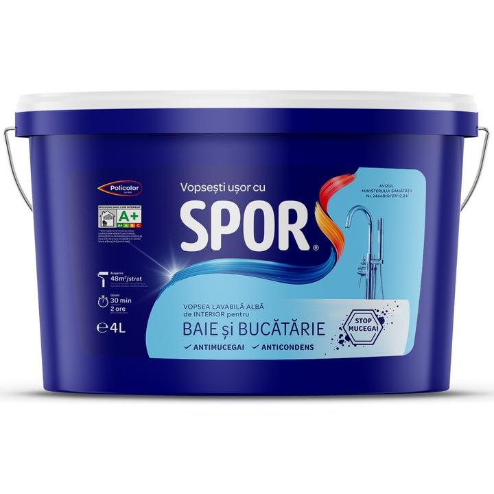Vopsea lavabila de interior SPOR pentru Baie si Bucatarie, alba, clasa A+ COV, 4L - eMAG.ro