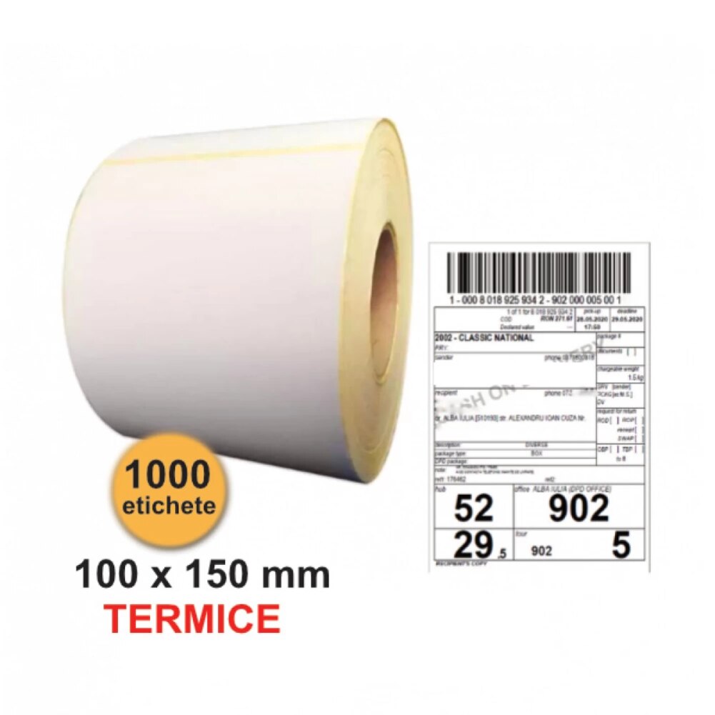 Etichete Autoadezive Termice 100 x 150 mm, Perfor de Rupere, 1000 Etichete / Rola, pentru AWB ...