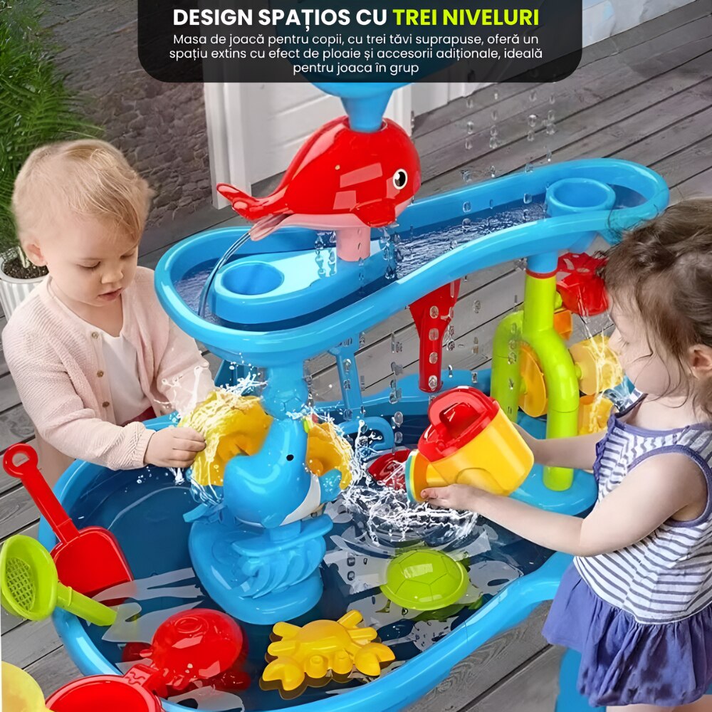 Masuta de joaca cu nisip si apa pentru copii, Design pe 3 Nivele, Scaun ...