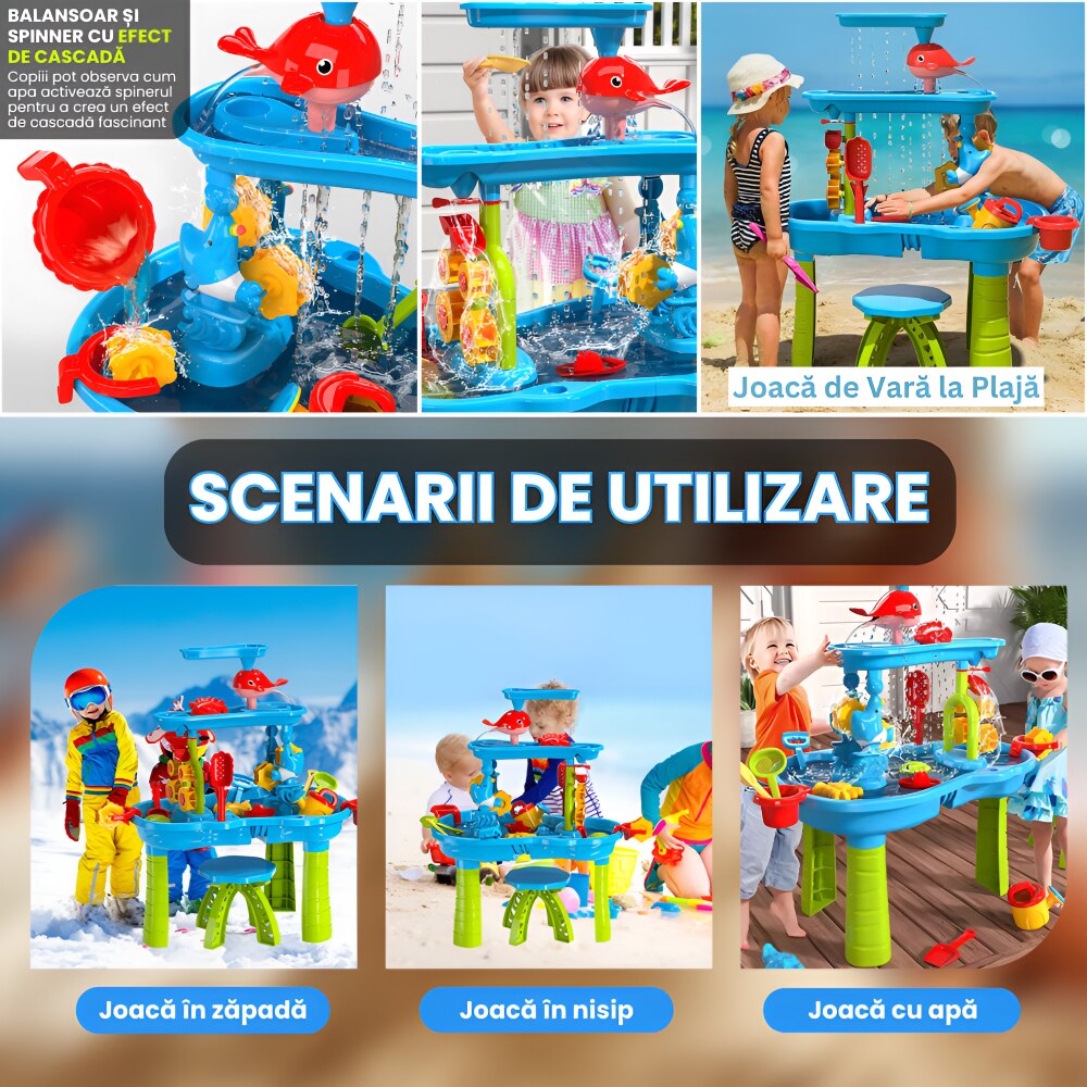 Masuta de joaca cu nisip si apa pentru copii, Design pe 3 Nivele, Scaun ...