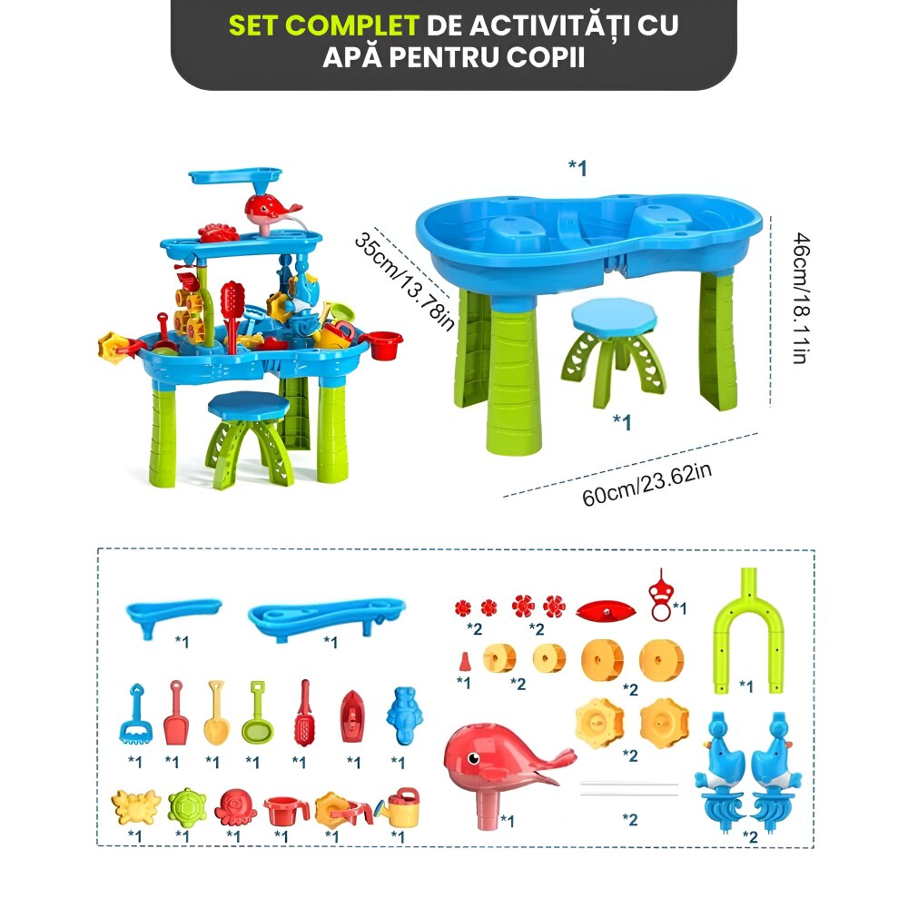 Masuta de joaca cu nisip si apa pentru copii, Design pe 3 Nivele, Scaun ...
