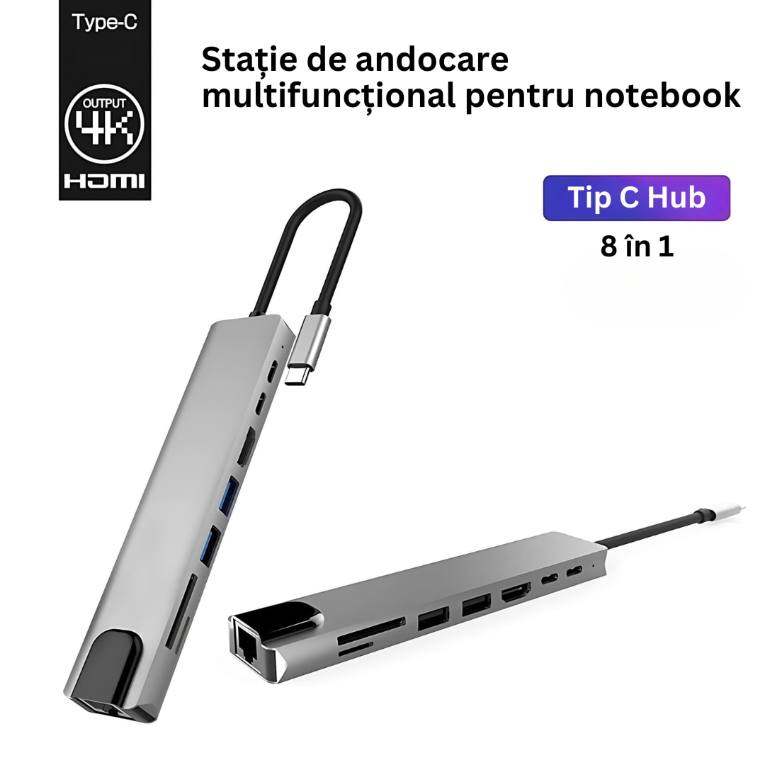 Hub USB-C adaptor 8 in 1, PRESTIGE CHARGE®, intrare Type-C, iesire LAN ...