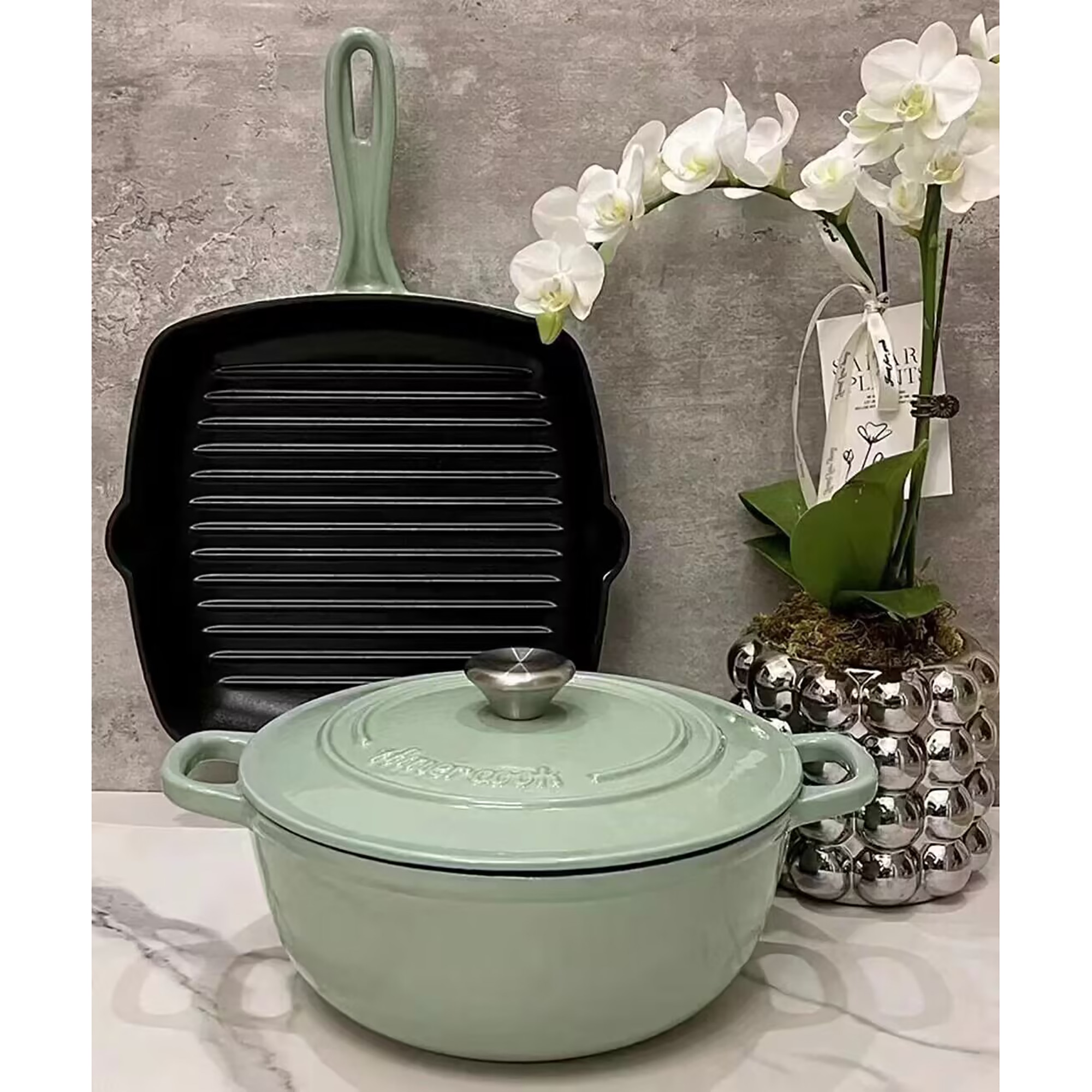 Set 3 piese tigaie grill si oala cu capac Amercook IPot, fonta emailata ...