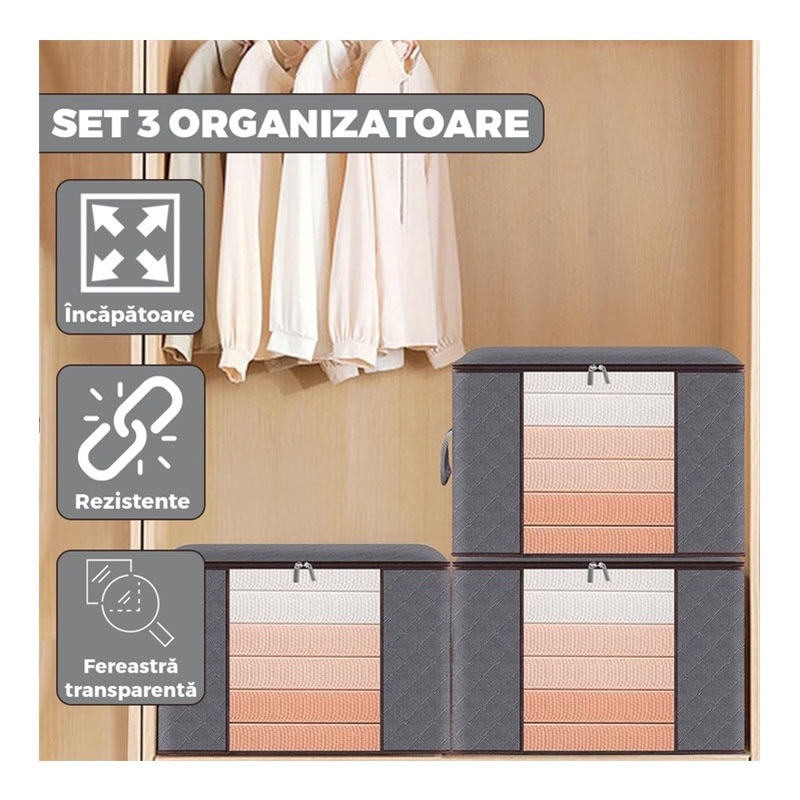 Set 4 Cutii pentru Depozitare si Organizare Medii, pliabile, maner ...