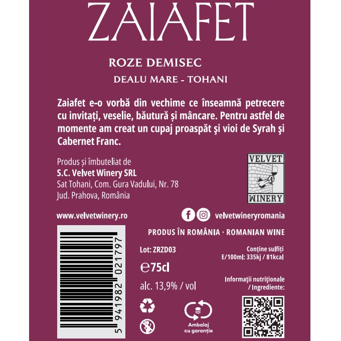 Vin Rose Zaiafet, Syrah & Cabernet Franc, Demisec, 0.75l - eMAG.ro