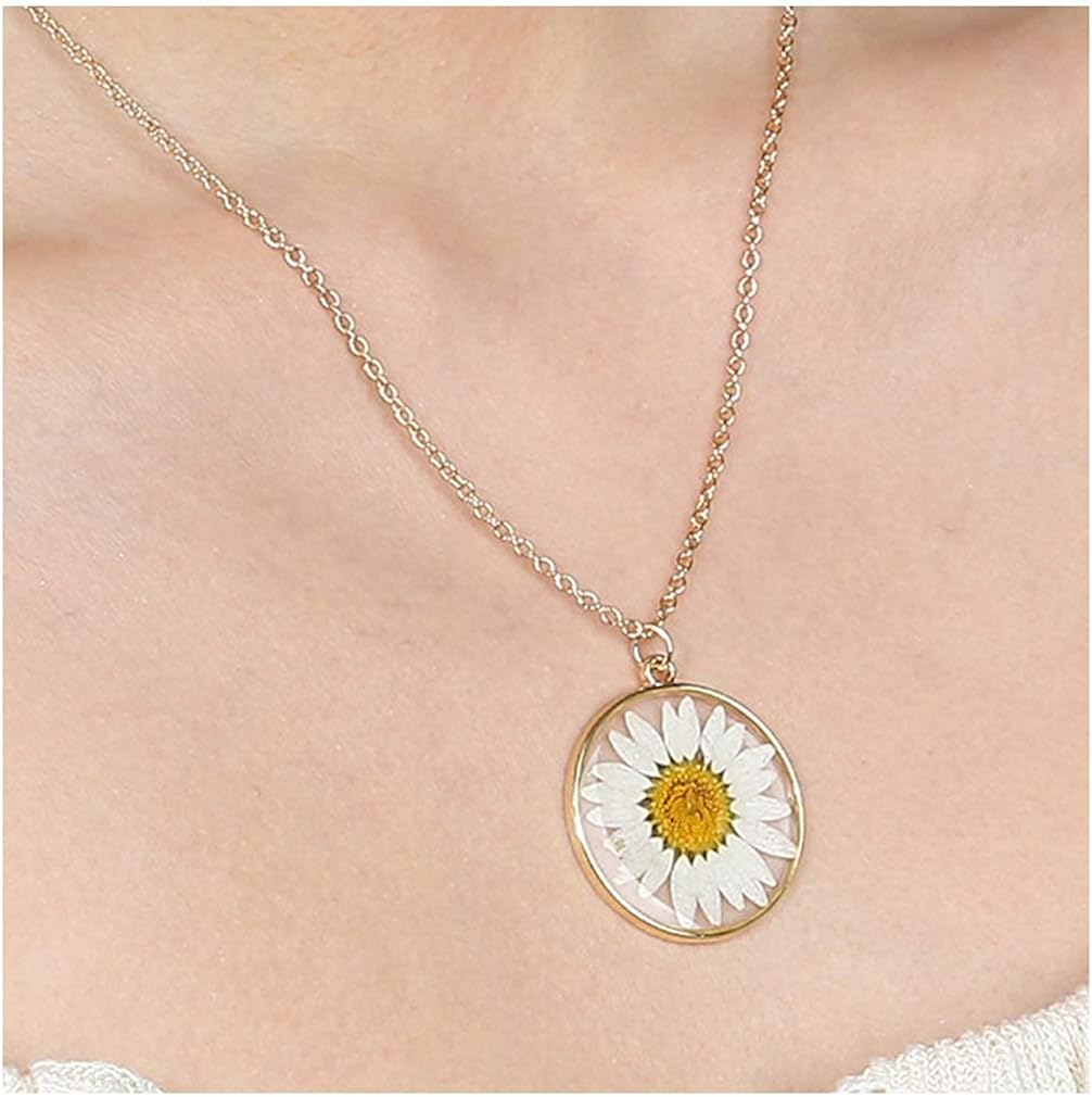 Colier cu flori presate, pandantiv floral Daisy, design boho - eMAG.ro