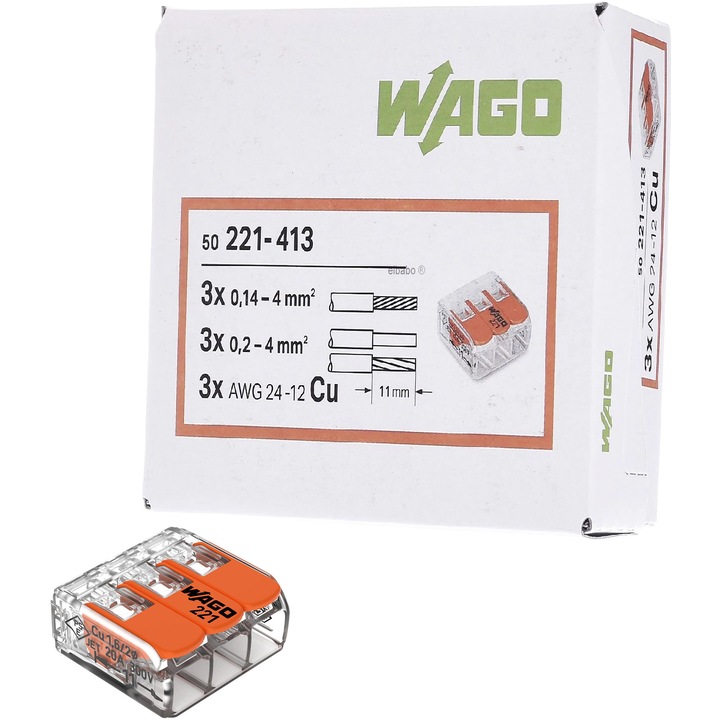 Set 50 cleme (conectori) Wago 4 mmp 221-413, compact, borna cu arc ...