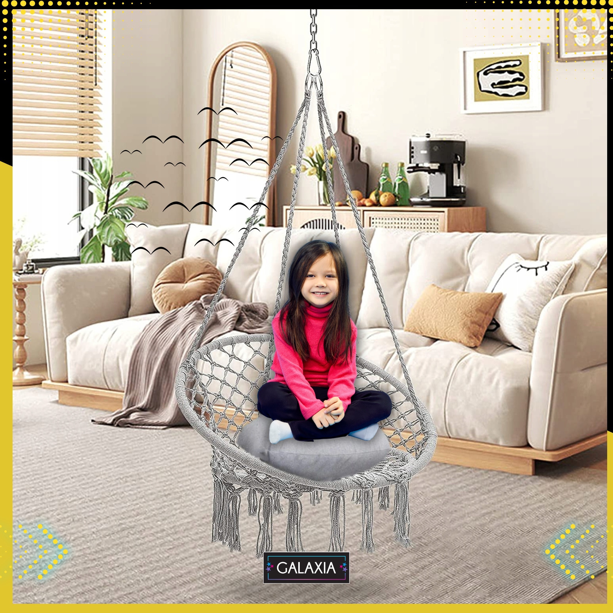 Scaun rotund tip leagan suspendat cu perna GALAXIA®, stil Boho ...