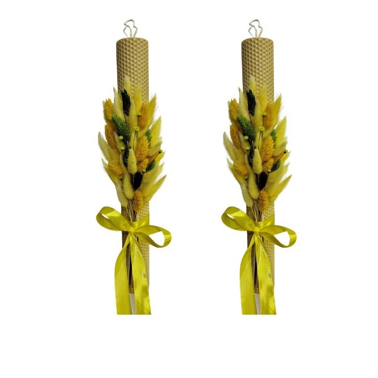 Set 2 lumanari cununie, nunta sau botez din ceara naturala, decorate cu ...