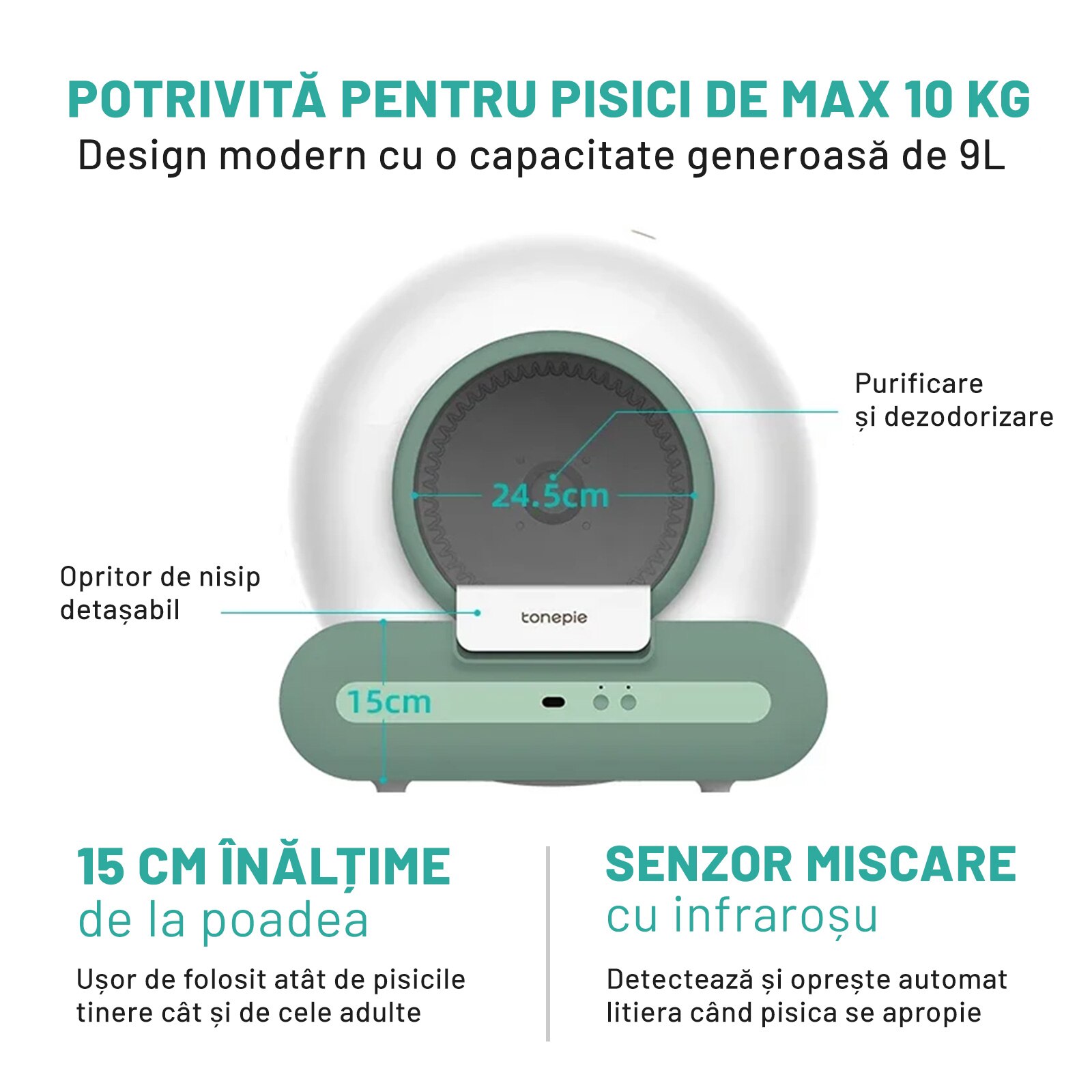 Litiera automata cu autocuratare pentru pisici, Ionizare, 9L, control ...