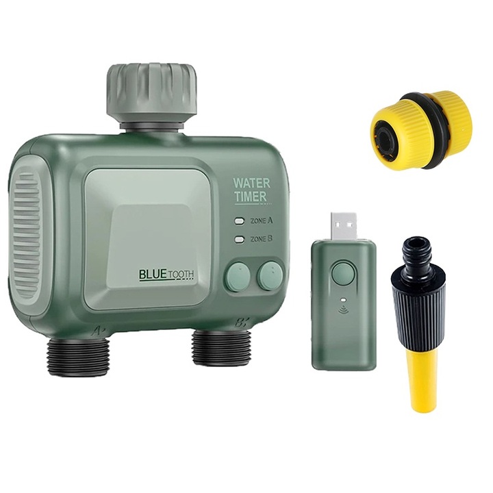 Programator pentru irigare Wireless, Bluetooth, 2 zone, IPX4, conector alama, gazon, gradina ...
