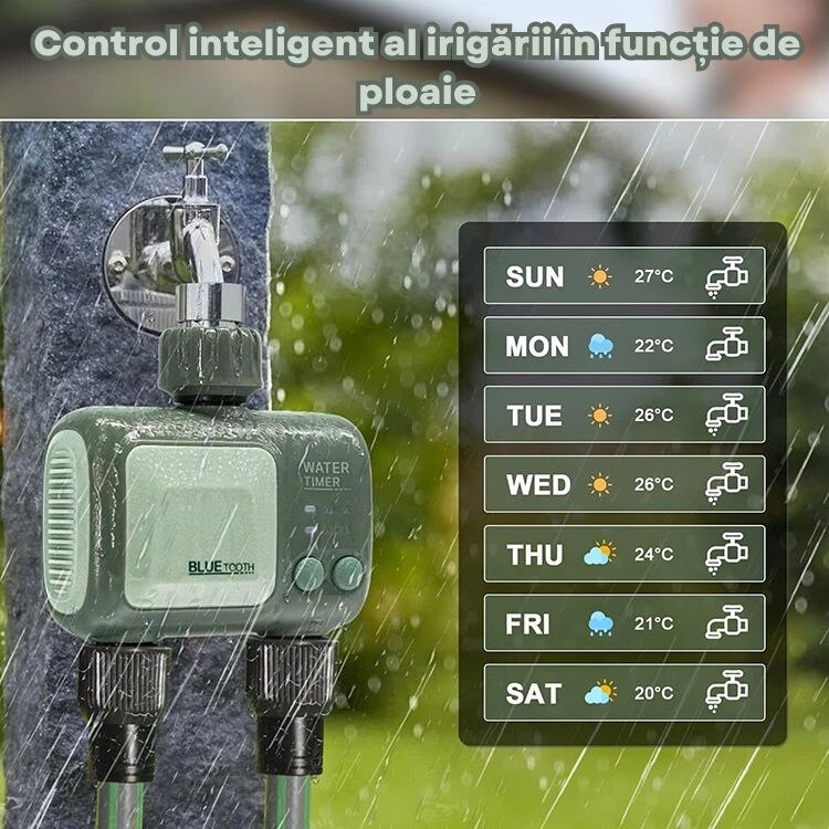 Programator pentru irigare Wireless, Bluetooth, 2 zone, IPX4, conector alama, gazon, gradina ...