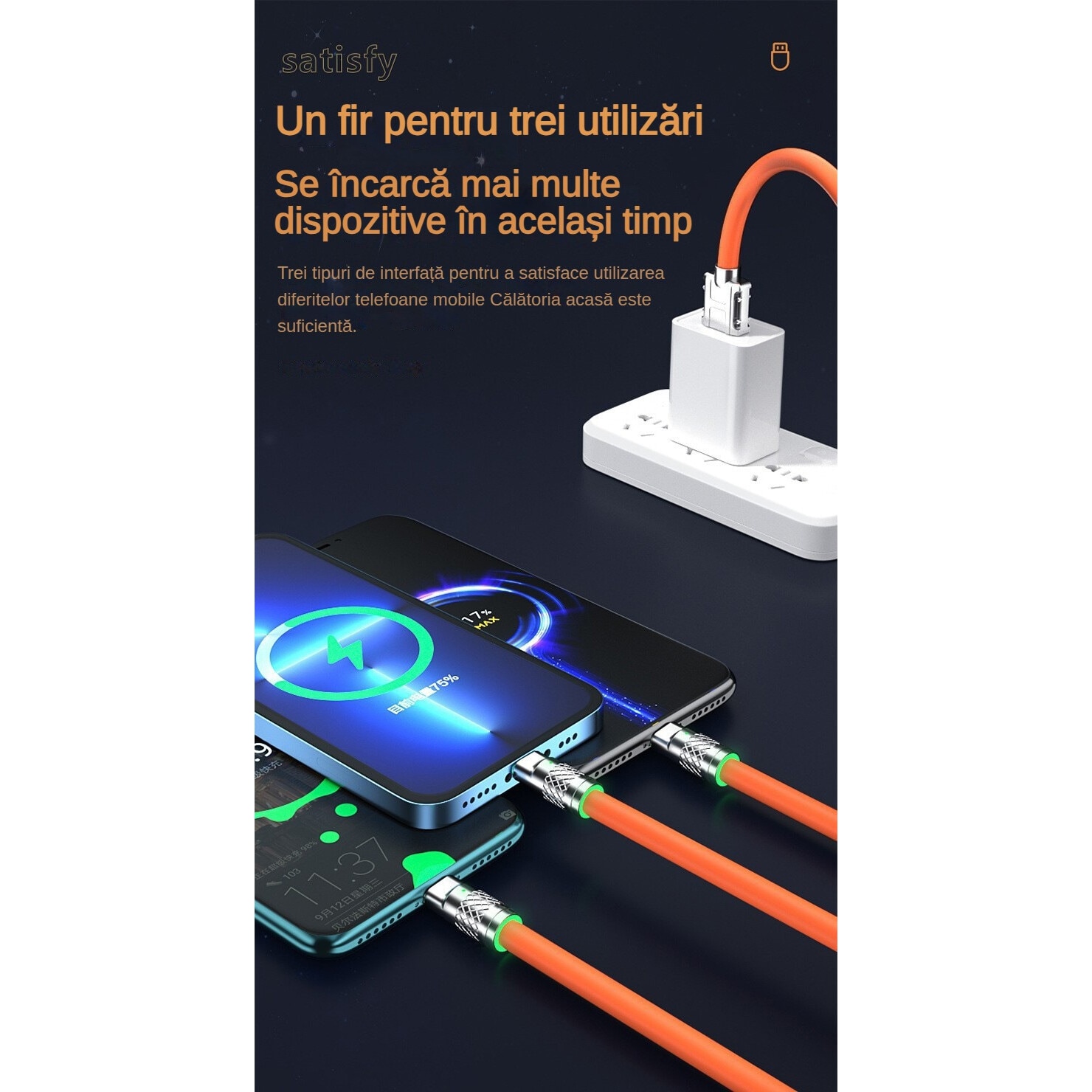 Cablu incarcator USB-C 3in1, 120W, Incarcare rapida, incarcare rapida ...