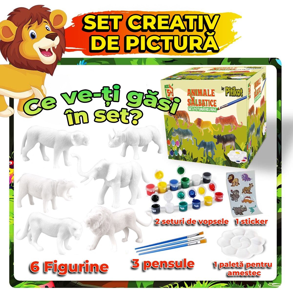 Set de Pictura pentru Copii cu 6 Animale de Colorat – 6 Culori, 3 ...