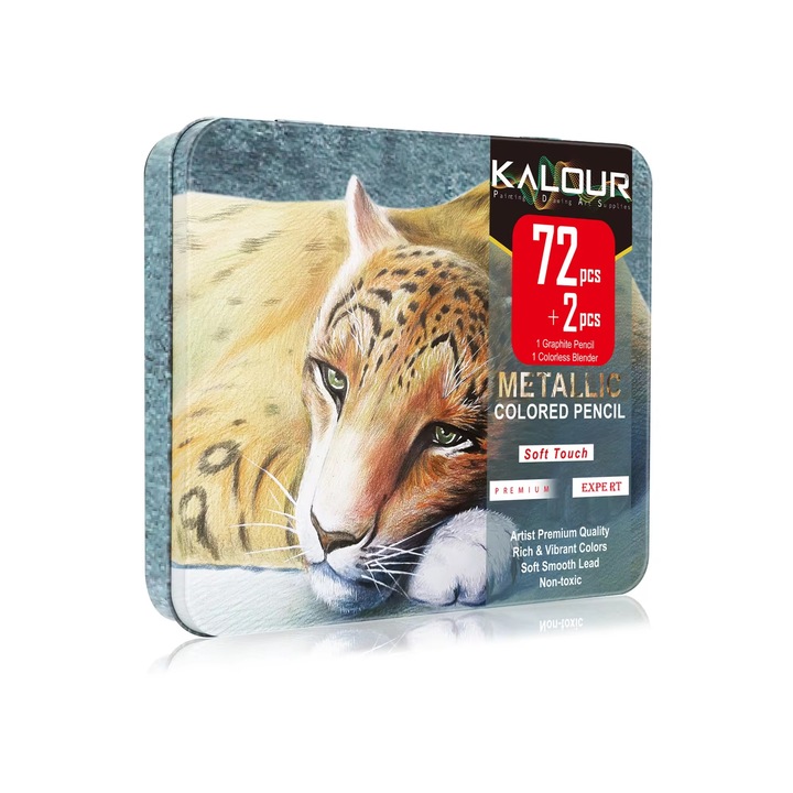 Set de 72+2 creioane colorate pentru desen, culori metalice si 2 carti ...
