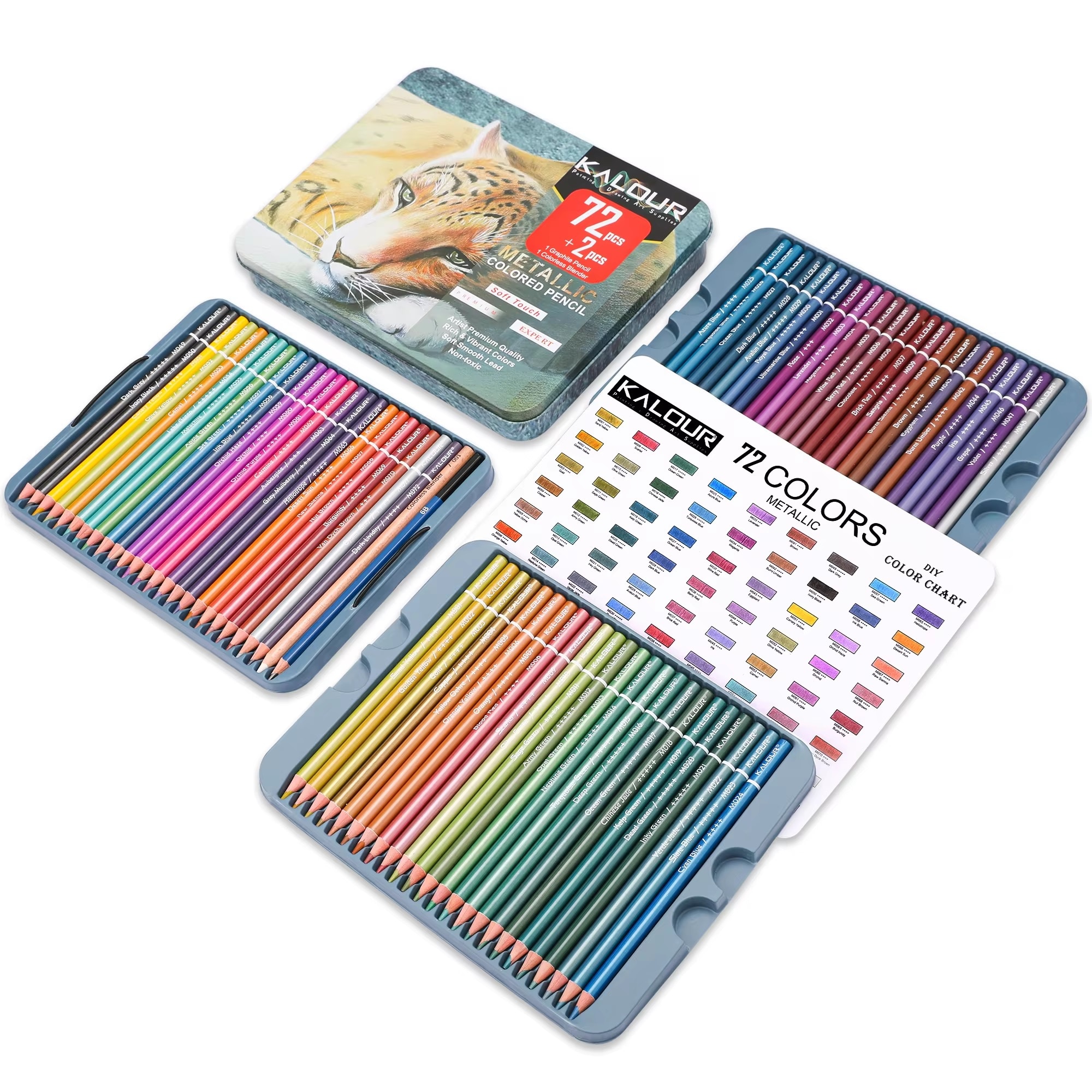 Set de 72+2 creioane colorate pentru desen, culori metalice si 2 carti ...