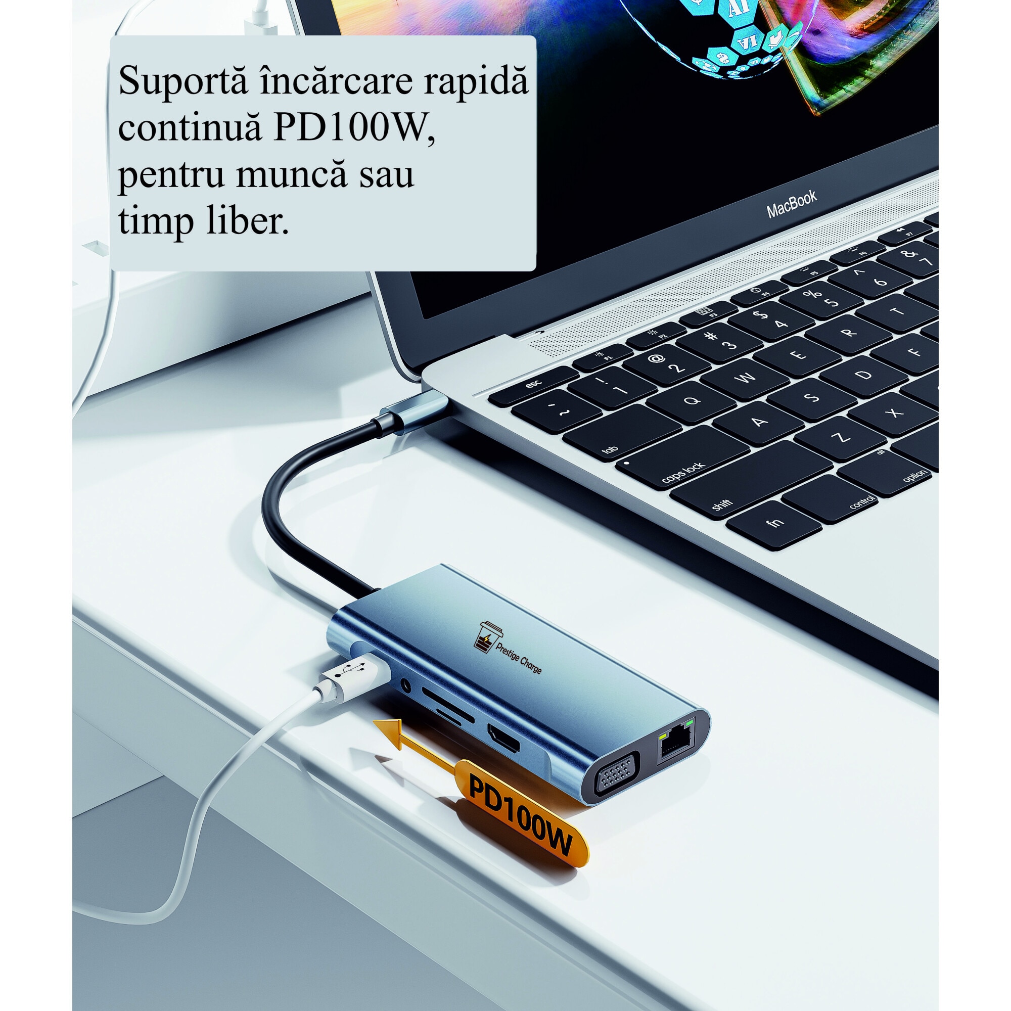 HUB USB-C 11-in-1, AHA PRINT®, 2 monitoare, alimentare, audio, retea si ...