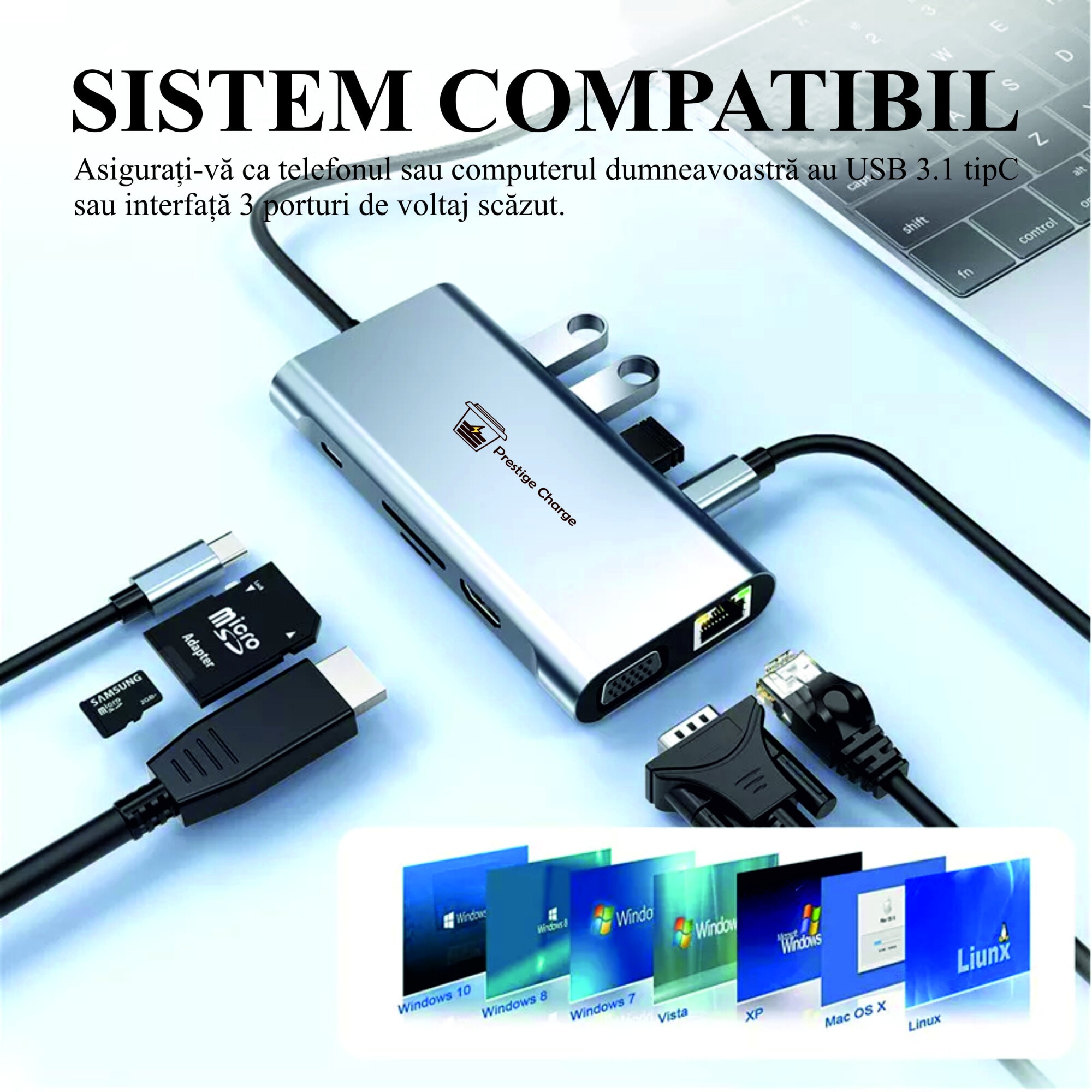 HUB USB-C 11-in-1, AHA PRINT®, 2 monitoare, alimentare, audio, retea si ...