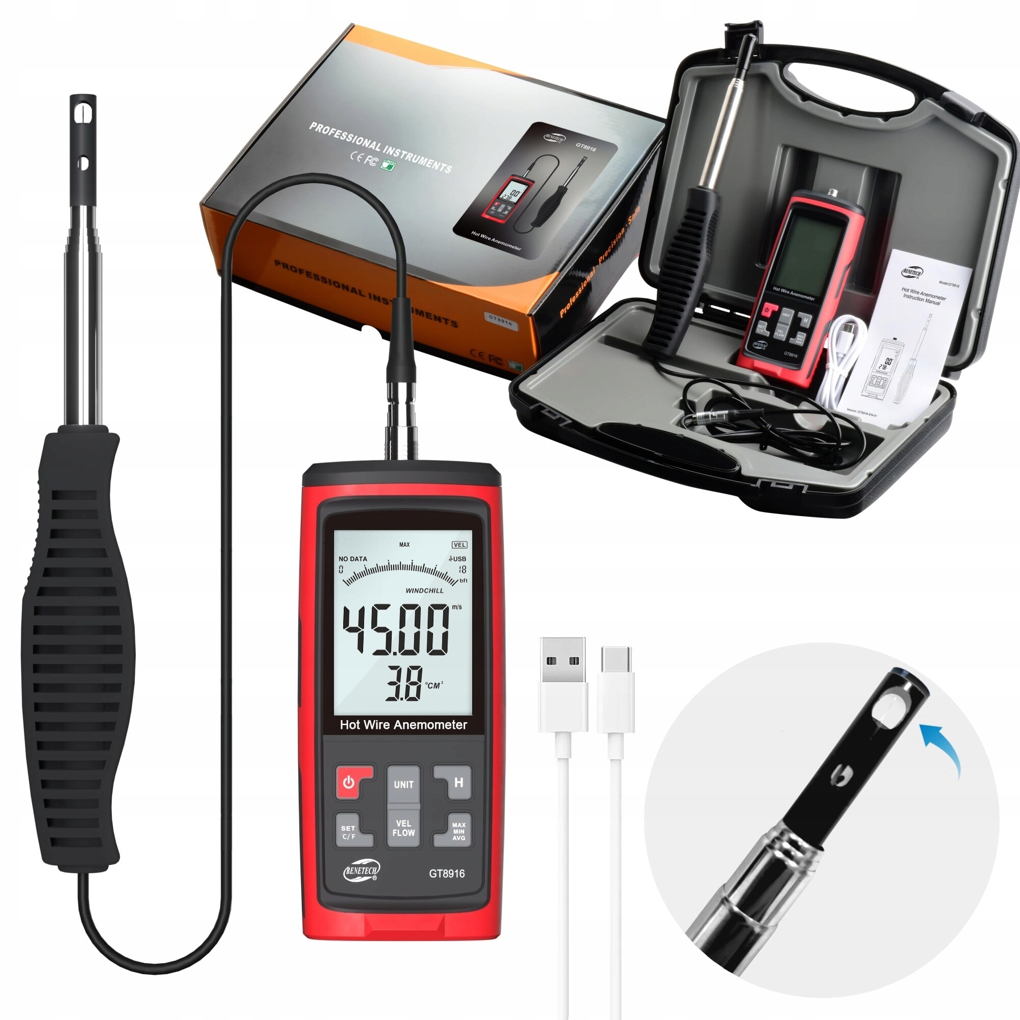 Anemometru termic Benetech, masurare viteza si temperatura aer, sonda ...