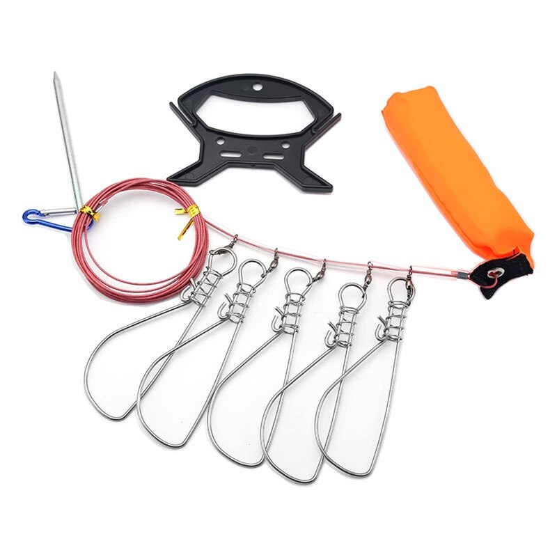 Set monturi pescuit, cablu inox cu invelis PVC, carabina, sac plasa ...