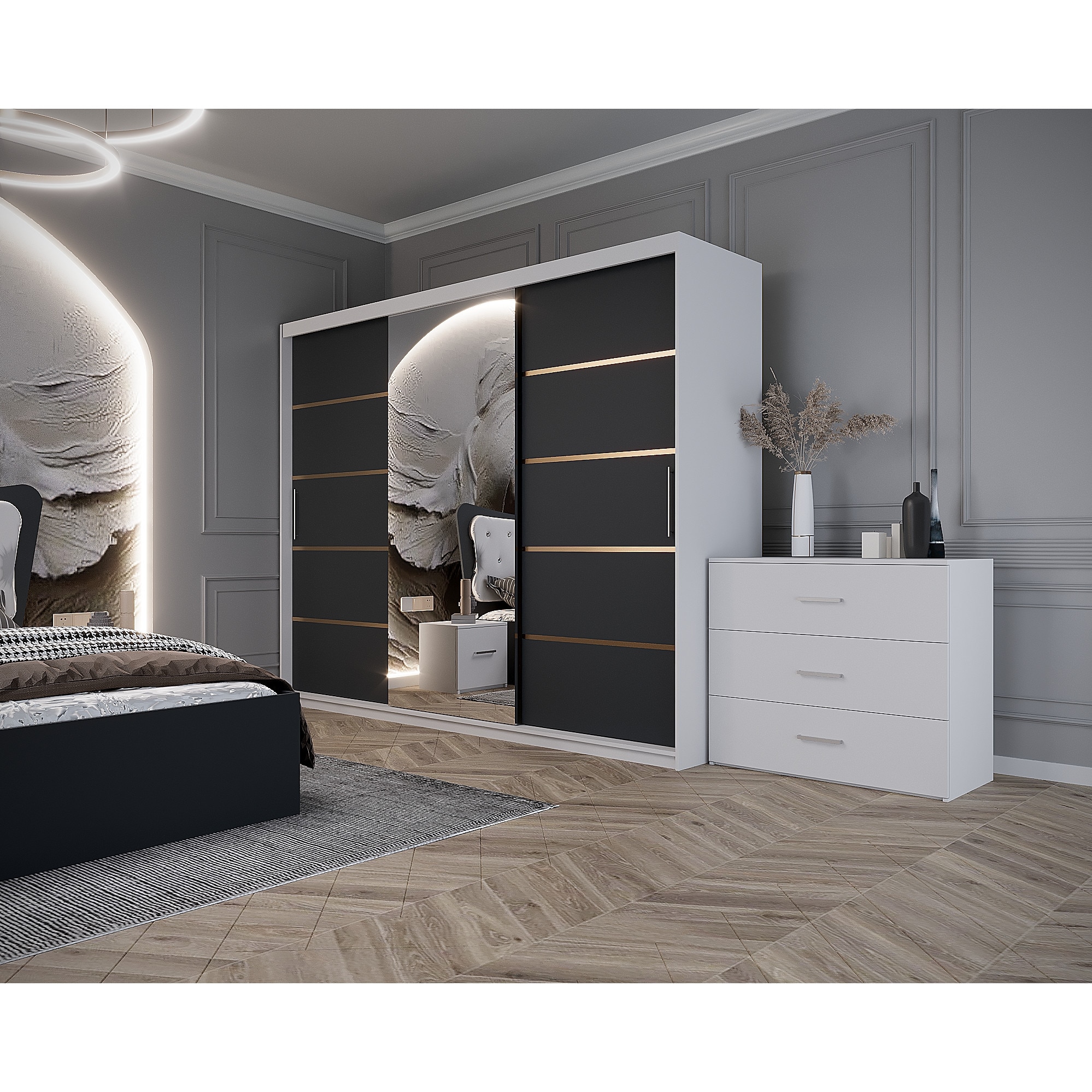 Set Dormitor Vista Tapitat Alb si Gri Antracit Dressing 3 usi cu ...