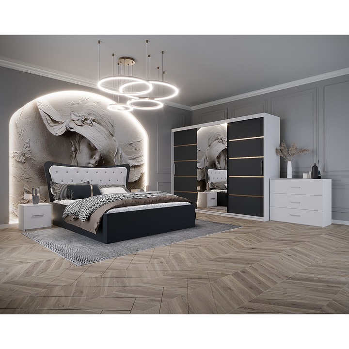 Set Dormitor Vista Tapitat Alb si Gri Antracit Dressing 3 usi cu ...