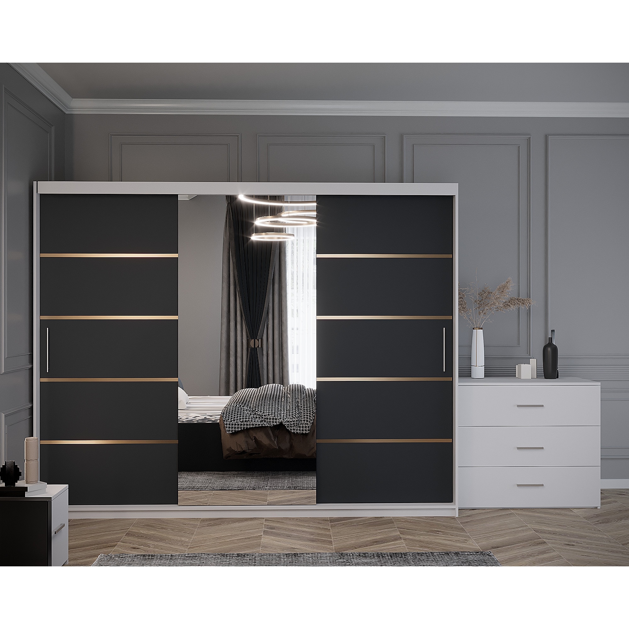 Set Dormitor Vista Tapitat Alb si Gri Antracit Dressing 3 usi cu ...