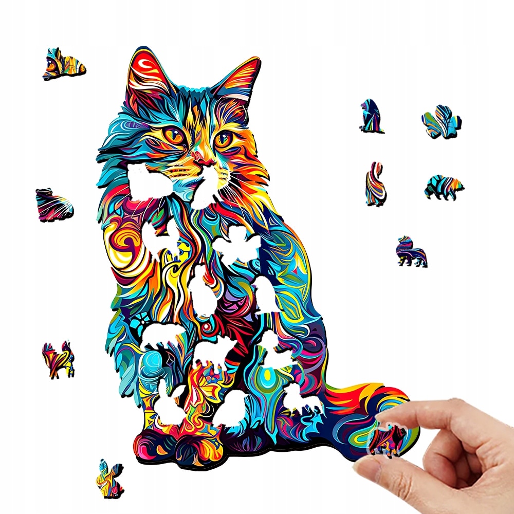 Puzzle din lemn, pisica colorata, pentru copii si adulti, 126 piese ...