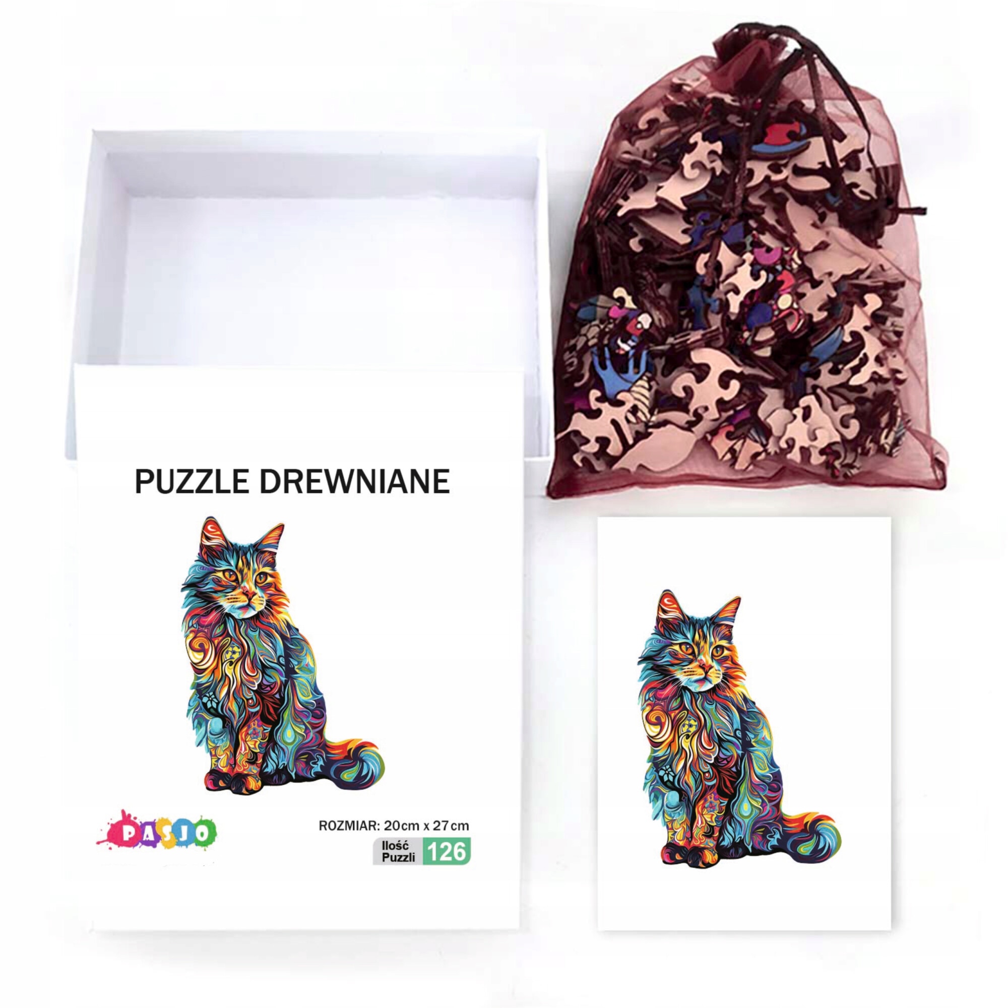 Puzzle din lemn, pisica colorata, pentru copii si adulti, 126 piese ...