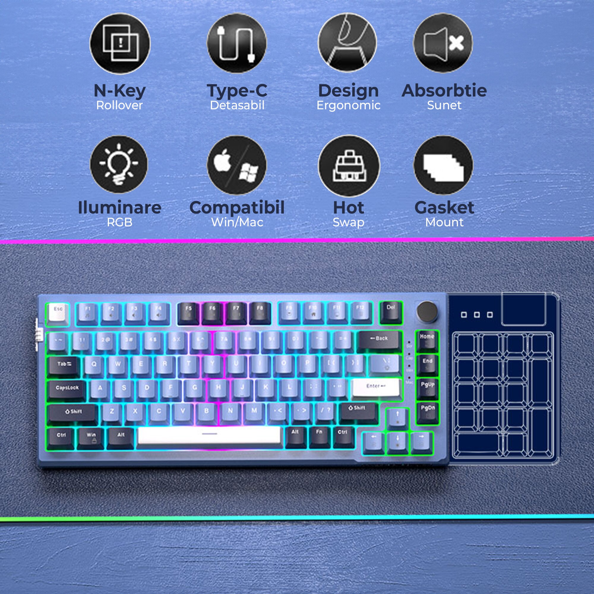 Tastatura Mecanica Gaming Timebox TKL, 75%, iluminare RGB, 83 taste ...