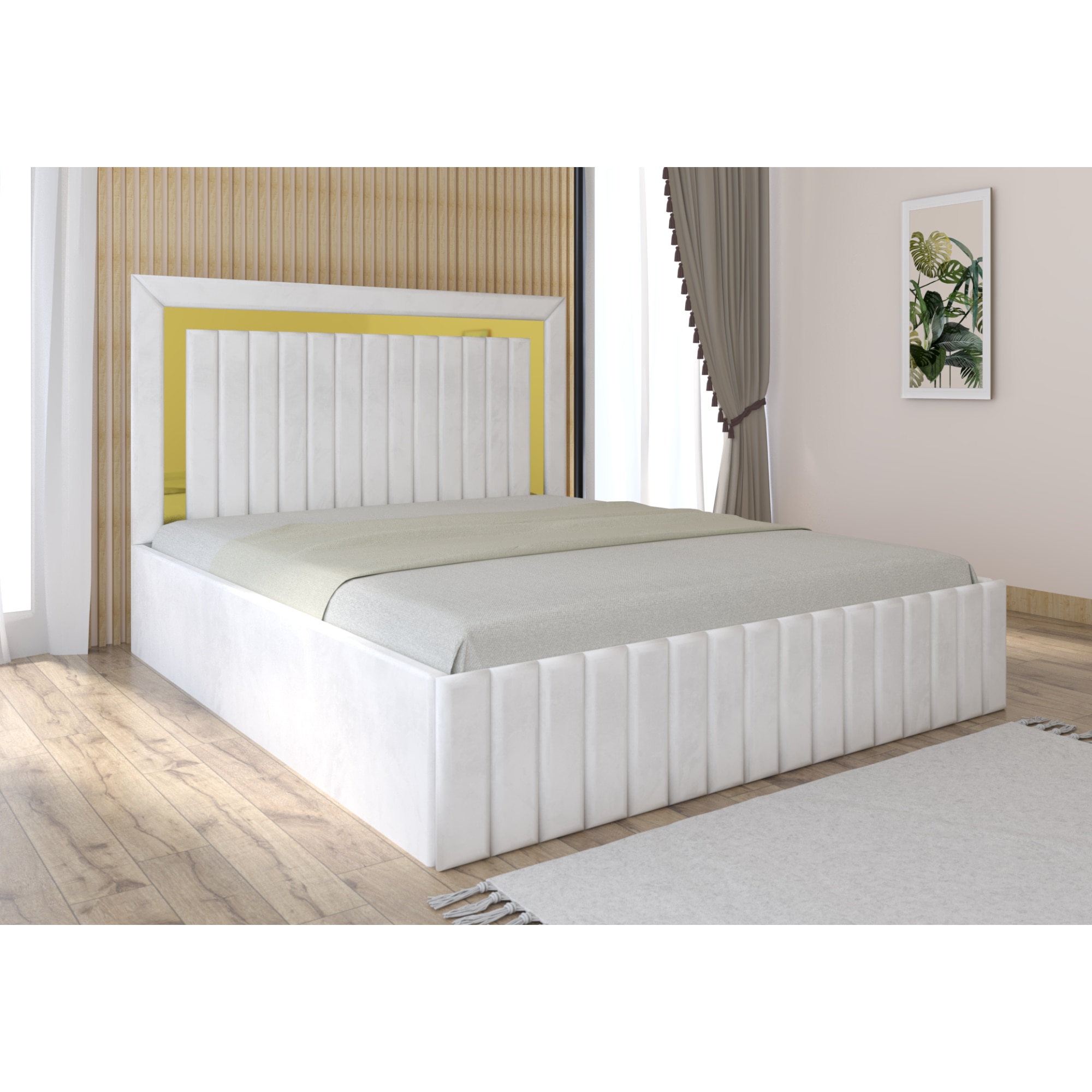 Pat Tapitat Matei Alb Stofa cu Oglinda Gold 160x200 fara saltea - eMAG.ro