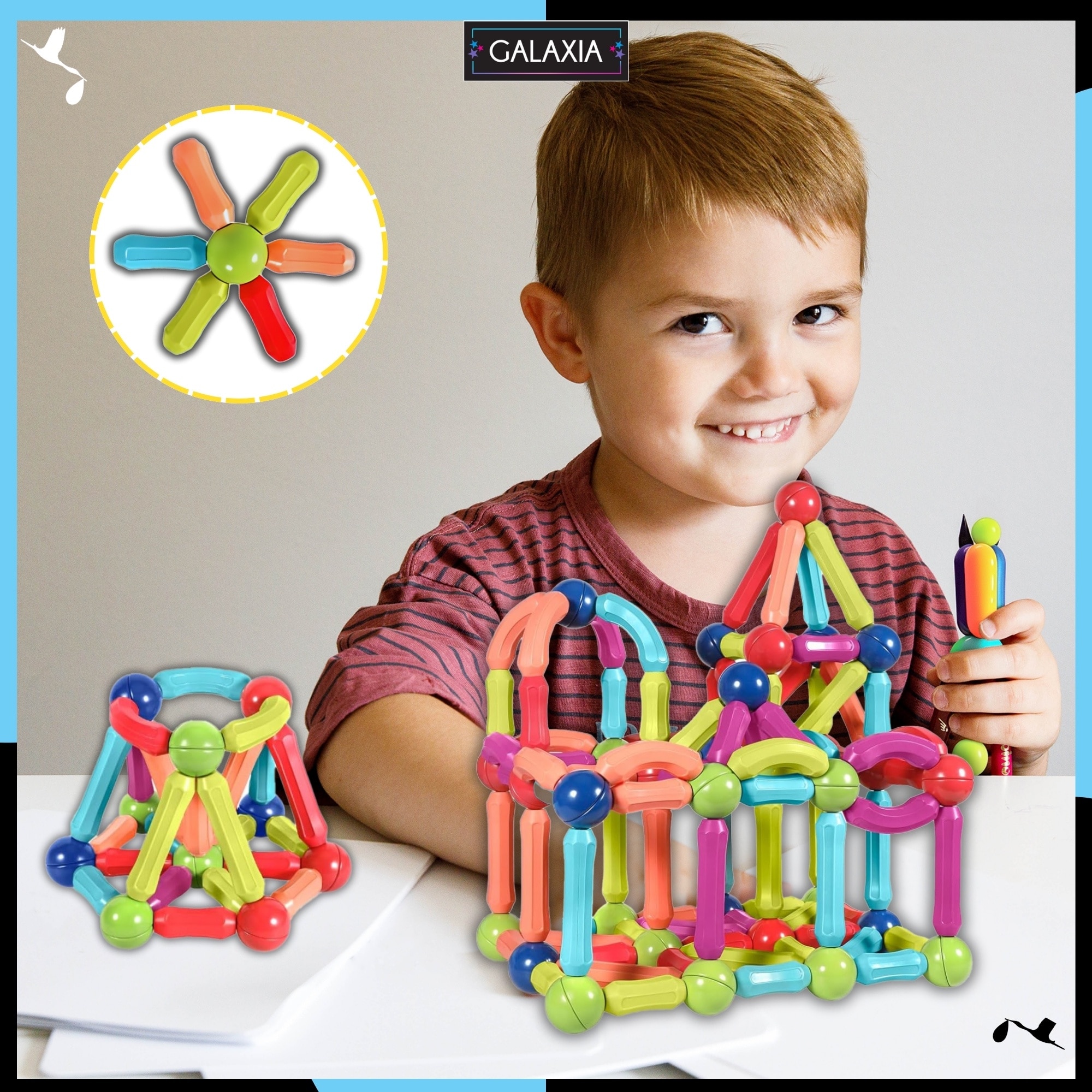 Set de constructii pentru copii GALAXIA®, 120 blocuri magnetice ...