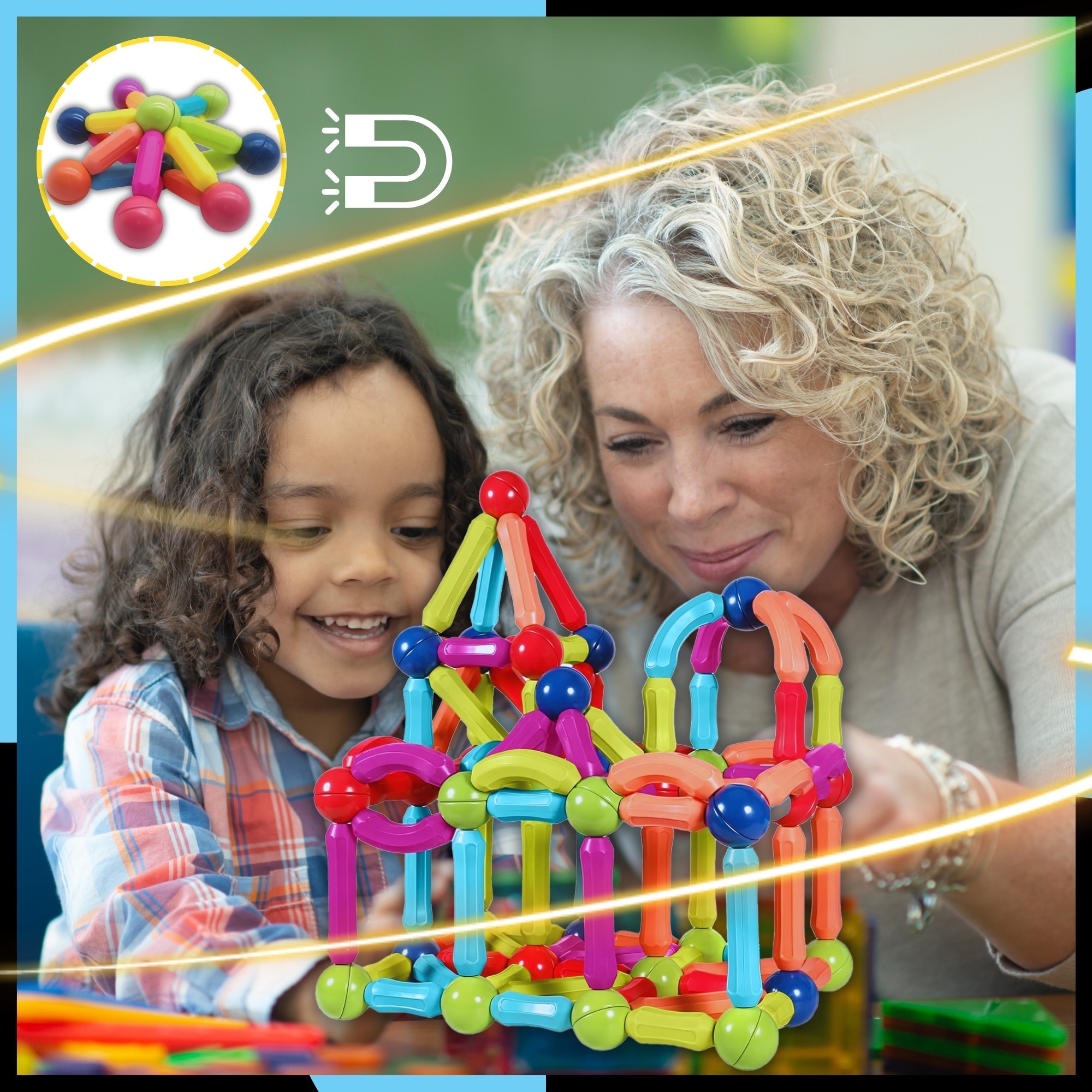 Set de constructii pentru copii GALAXIA®, 120 blocuri magnetice ...