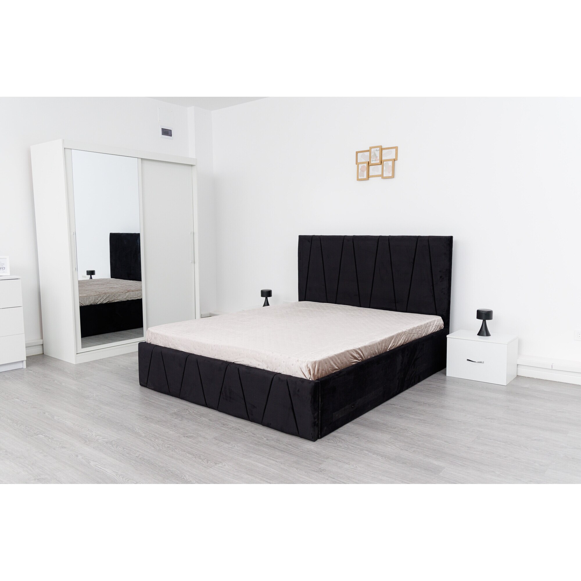 Dormitor Complet Cosmin Alb Negru cu Pat Tapitat Negru Stofa 160x200 ...