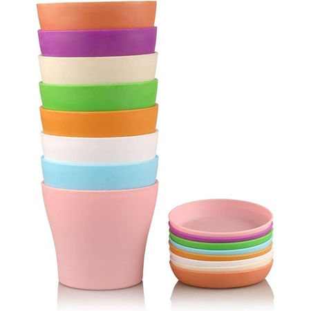 Set de 8 ghivece din plastic multicolor cu tavite de drenaj, 14x10x12cm ...