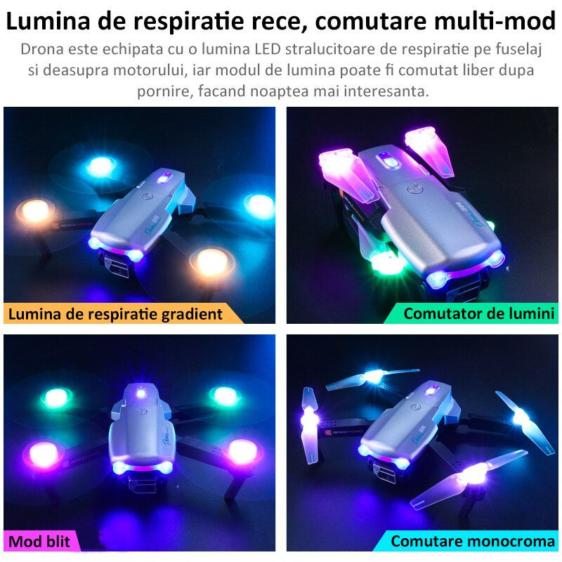 Mini Drona Pliabila, cu 2 Camere Video, 1080P 4K HD ESL, Lumini RGB Led ...