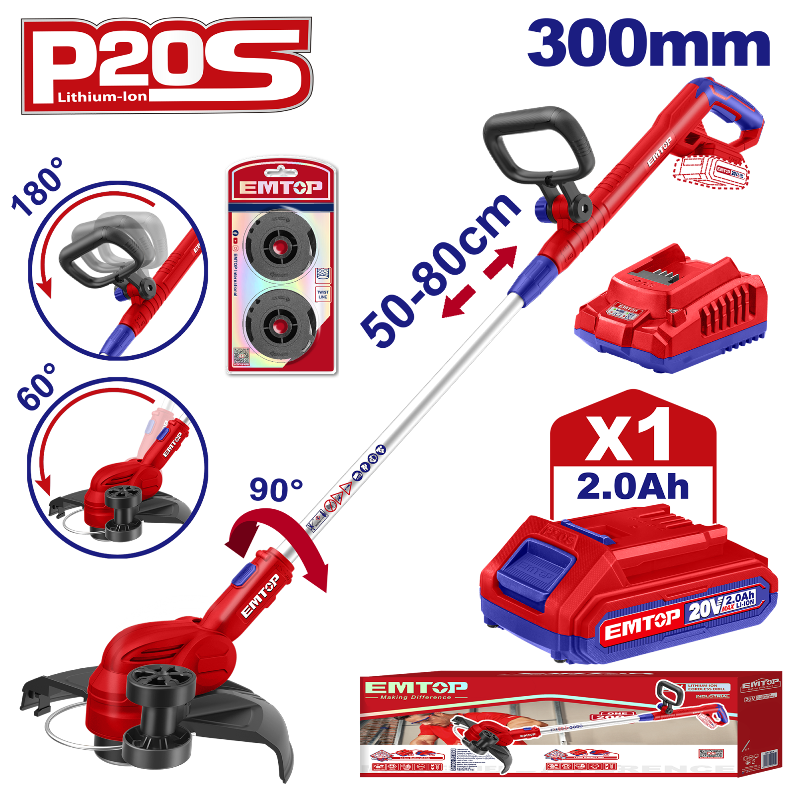 Motocoasa electrica cu 1 acumulator 2.0AH, maner reglabil, 2.0AH, 300mm ...