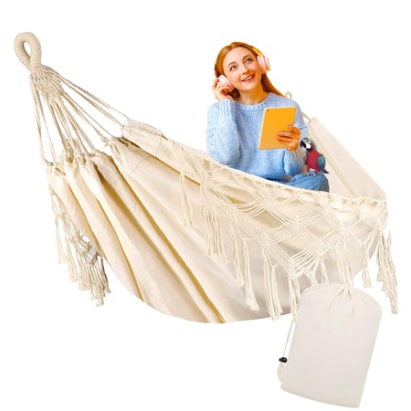 Hamac de gradina, 270x150 cm GALAXIA®, stil boho, bumbac, Turist, Bej ...