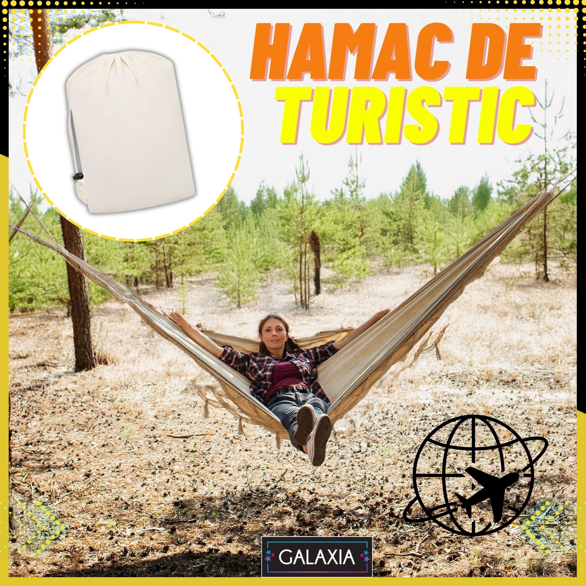 Hamac de gradina, 270x150 cm GALAXIA®, stil boho, bumbac, Turist, Bej ...