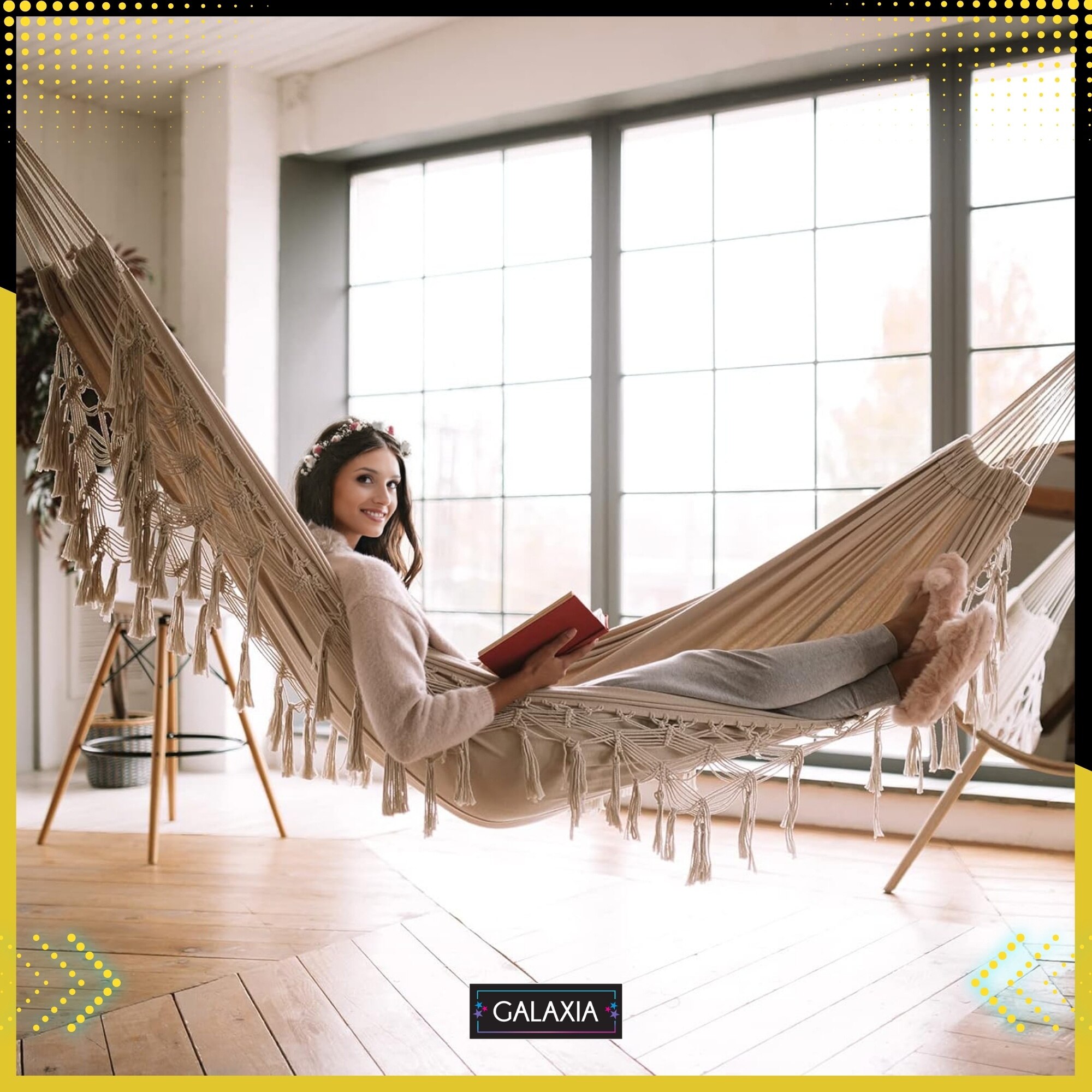 Hamac de gradina, 270x150 cm GALAXIA®, stil boho, bumbac, Turist, Bej ...