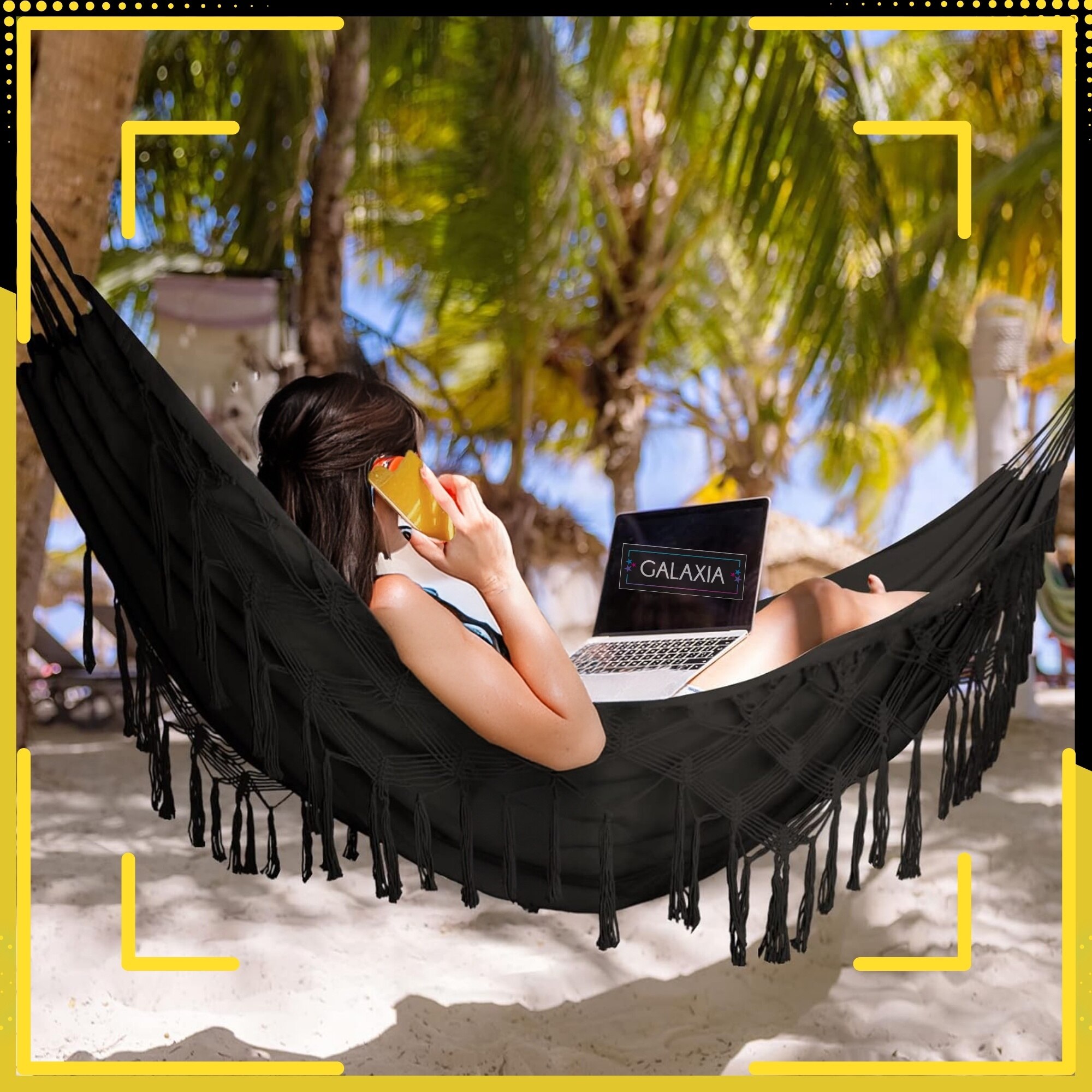 Hamac de gradina, 270x150 cm GALAXIA®, stil boho, bumbac, Turist, Negru ...