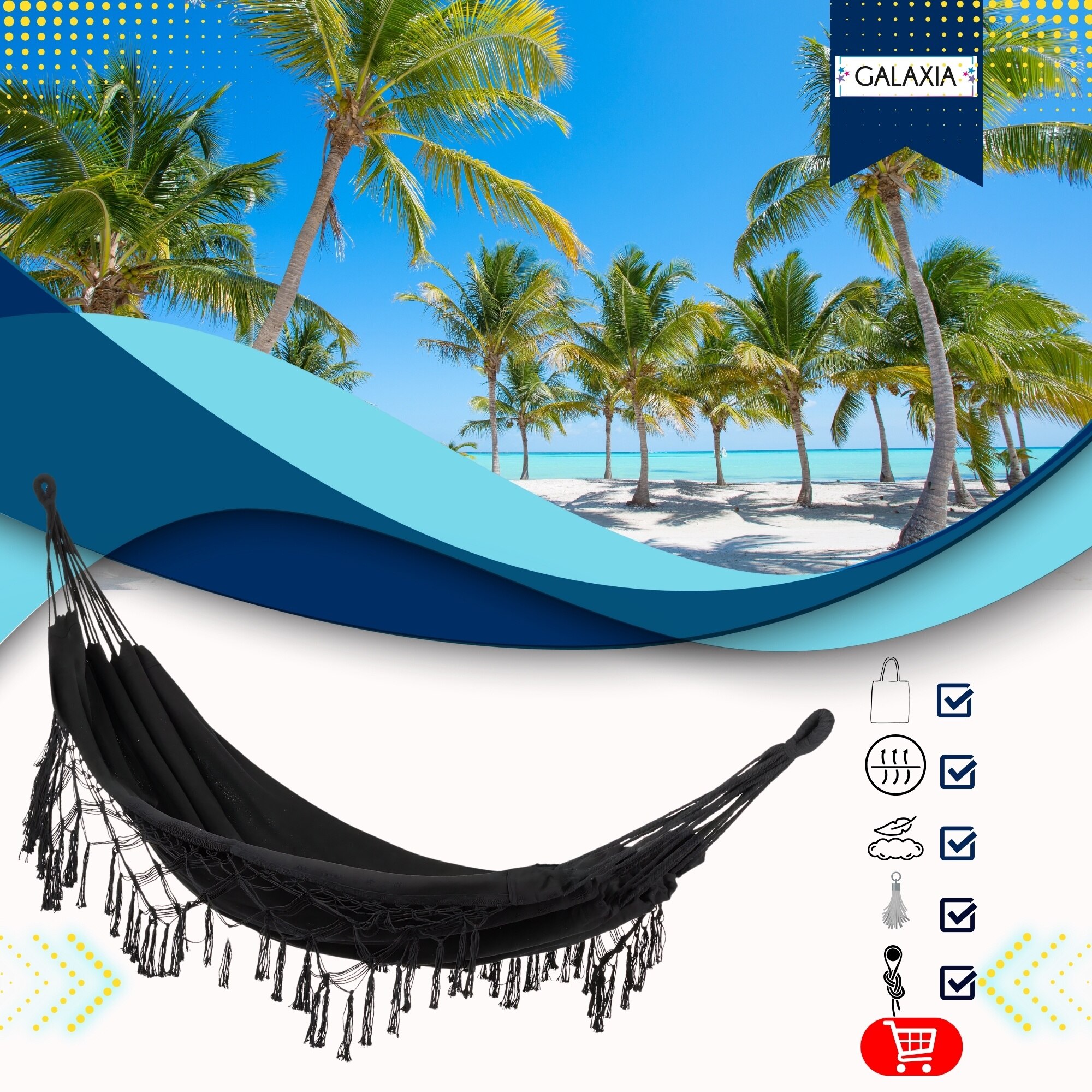 Hamac de gradina, 270x150 cm GALAXIA®, stil boho, bumbac, Turist, Negru ...